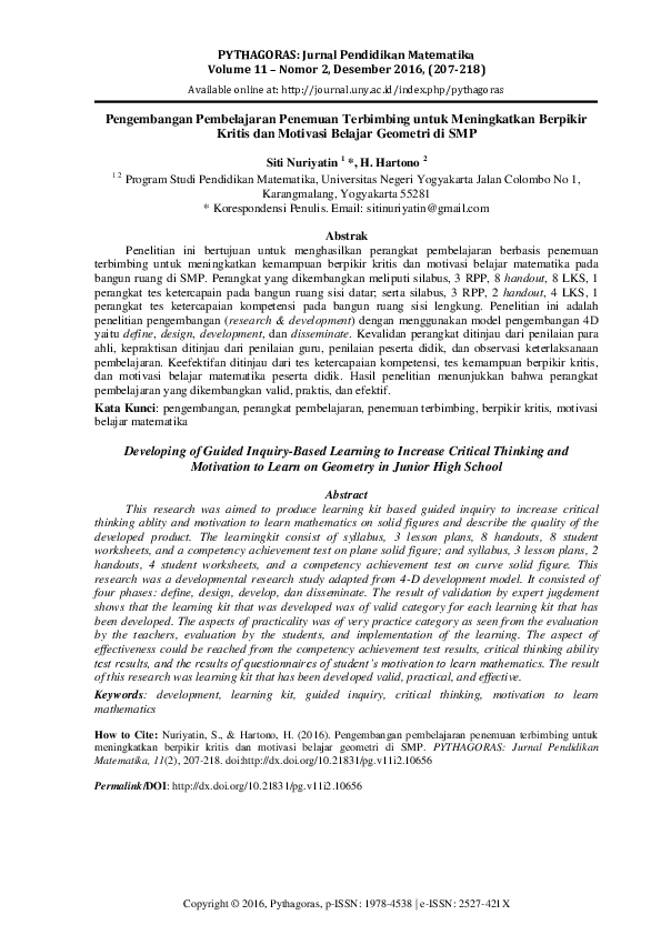 (PDF) Pengembangan pembelajaran penemuan terbimbing untuk meningkatkan berpikir kritis dan ...