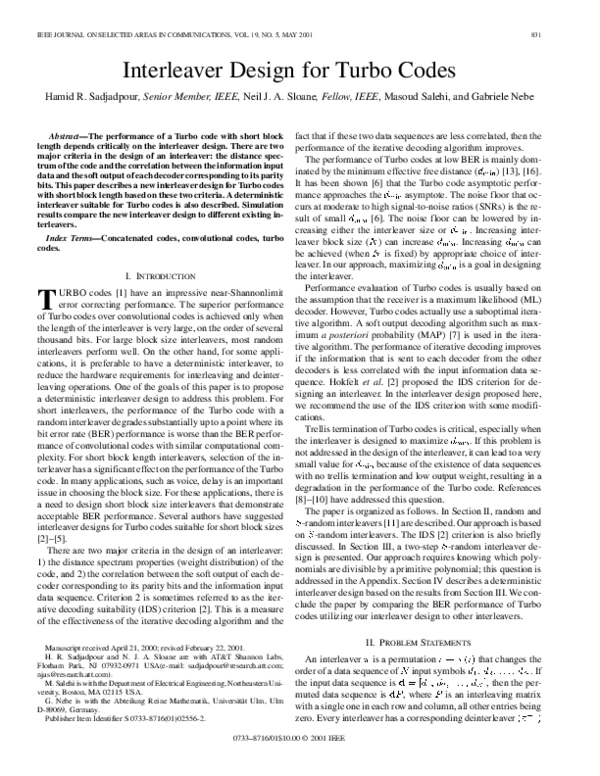 (PDF) Interleaver design for turbo codes