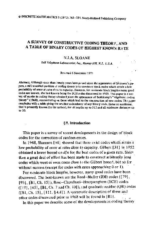(PDF) A survey of constructive coding theory, and a table of binary ...