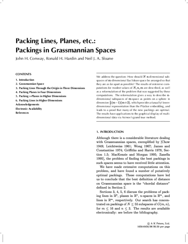 (PDF) Packing Lines, Planes, etc.: Packings in Grassmannian Spaces