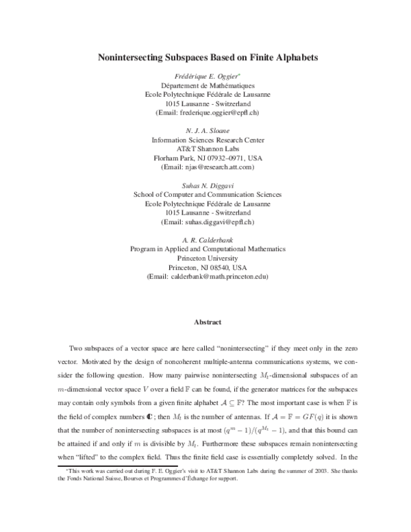 (PDF) Nonintersecting Subspaces Based on Finite Alphabets