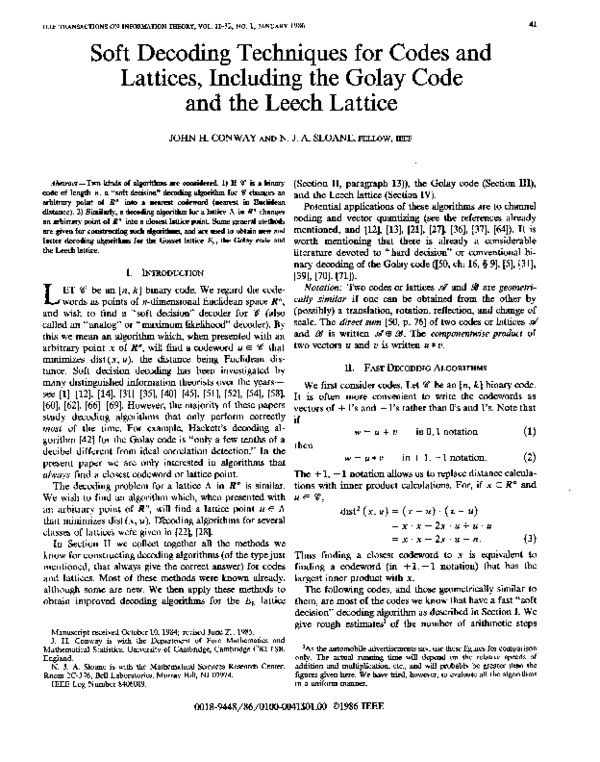 Pdf Soft Decoding Techniques For Codes And Lattices Including The Golay Code And The Leech