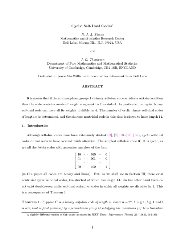 (PDF) Cyclic self-dual codes