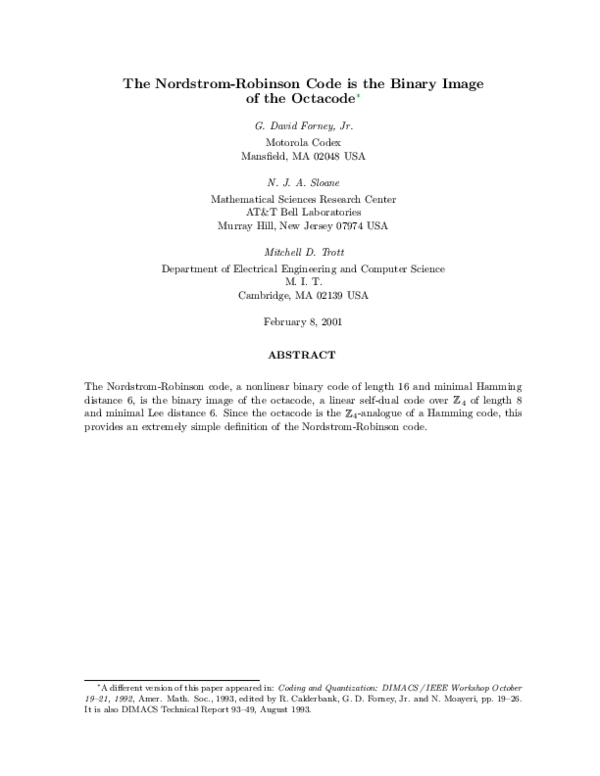 (PDF) The Nordstrom-Robinson code is the binary image of the octacode
