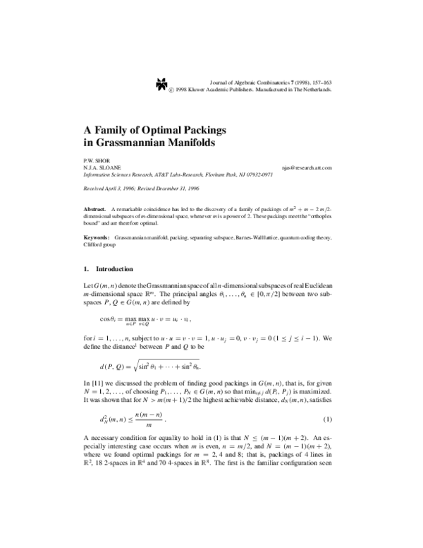 (PDF) A family of optimal packings in Grassmannian manifolds