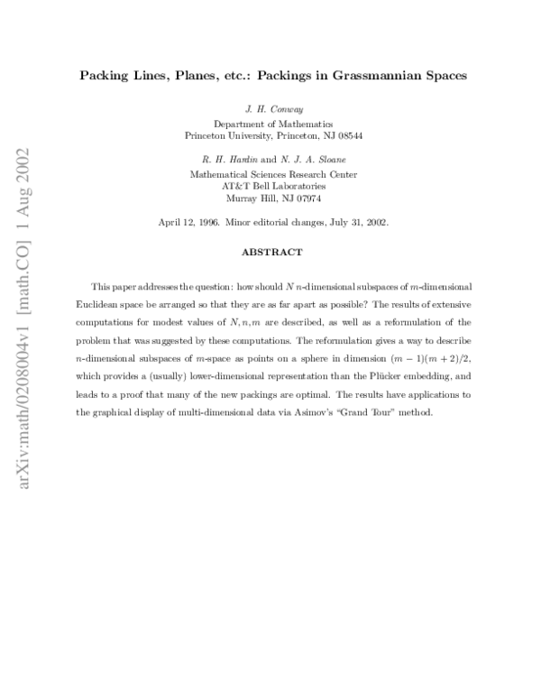 (PDF) Packing Lines, Planes, etc.: Packings in Grassmannian Space