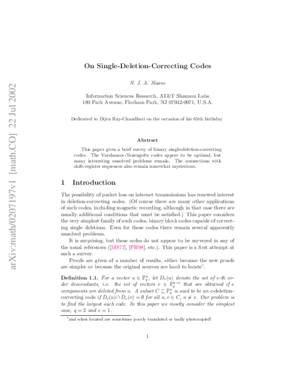 (PDF) On Single-Deletion-Correcting Codes