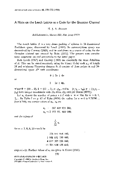 (PDF) A note on the leech lattice as a code for the gaussian channel