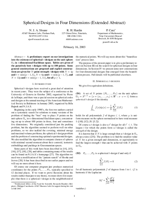 (PDF) Spherical designs in four dimensions | Neil Sloane - Academia.edu