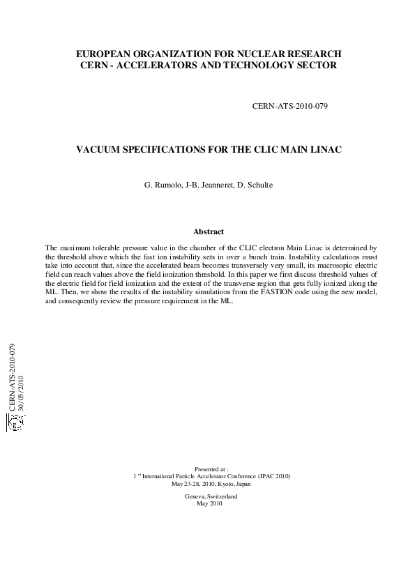 (PDF) Vacuum specifications for the CLIC Main LINAC | D. Schulte ...