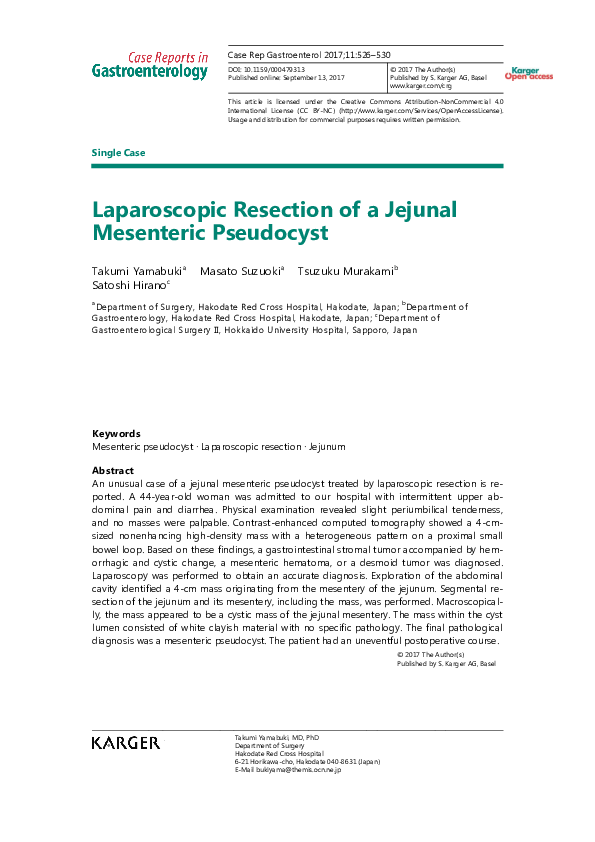 (PDF) Laparoscopic resection of a jejunal mesenteric pseudocyst: case ...