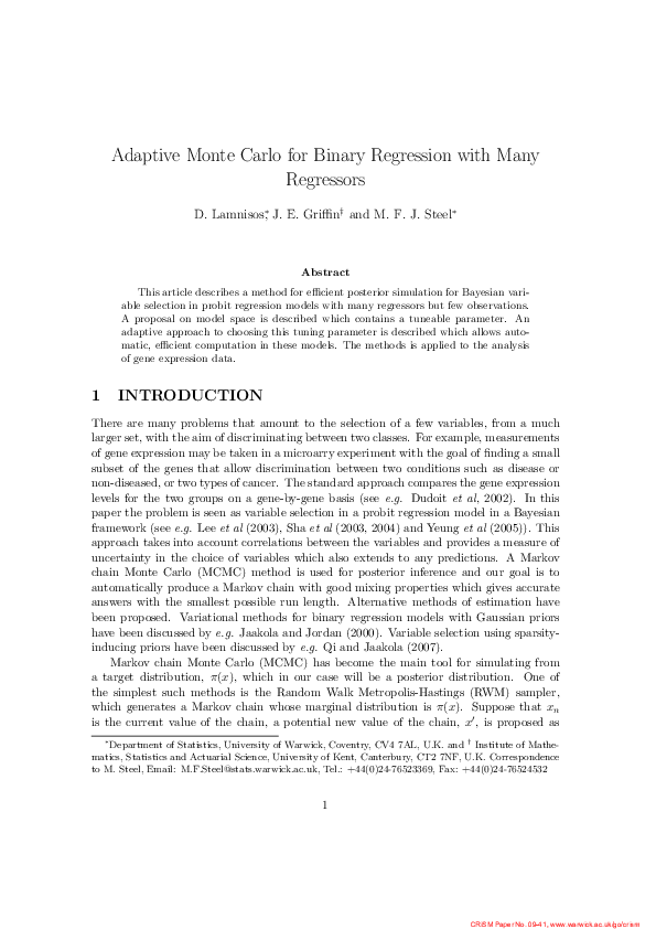 (PDF) Adaptive Monte Carlo for binary regression with many regressors | Mark Steel - Academia.edu