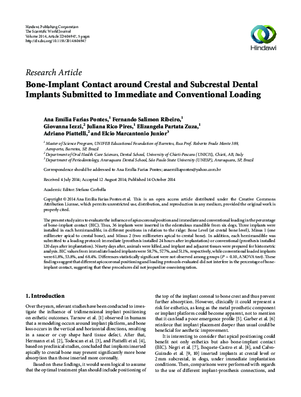 (PDF) Bone-Implant Contact around Crestal and Subcrestal Dental ...