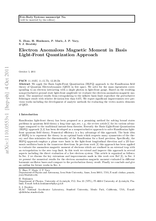 (PDF) Electron Anomalous Magnetic Moment in Basis Light-Front Quantization Approach