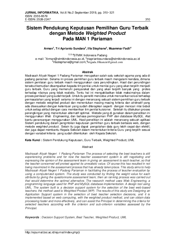 (PDF) SPK Penilihan Guru Terbaik Dengan Metode WP Pada MAN 1 Pariaman