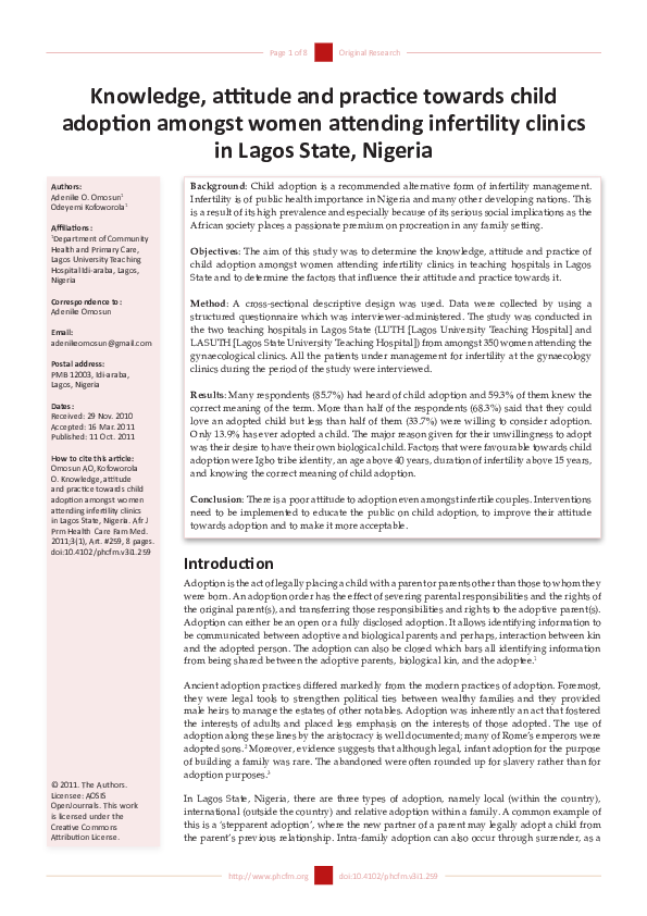 (PDF) Knowledge, attitude and practice towards child adoption amongst women attending ...