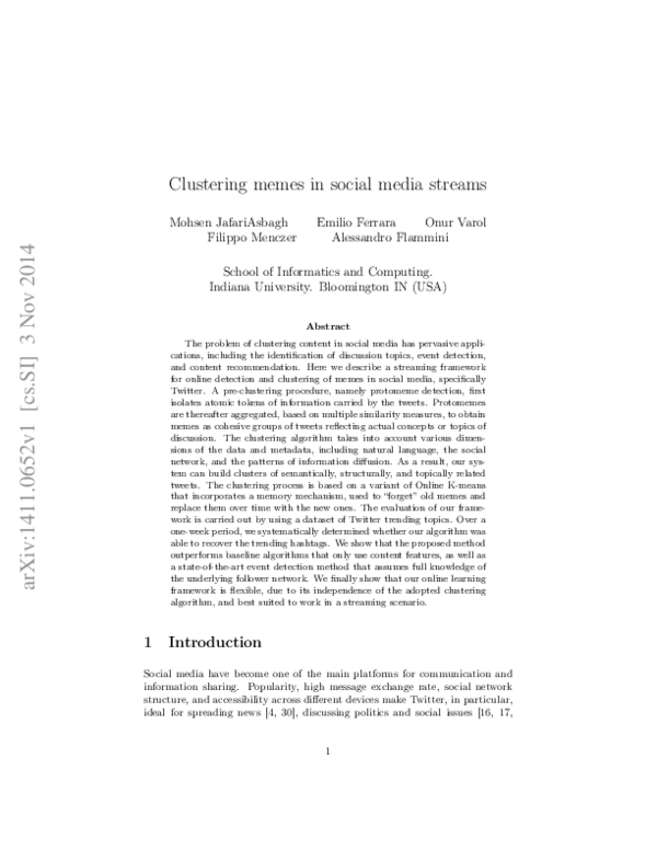(PDF) Clustering memes in social media streams