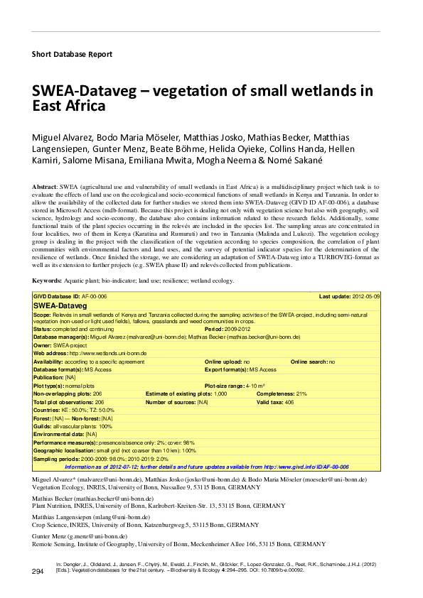 (PDF) SWEA-Dataveg – vegetation of small wetlands in East Africa