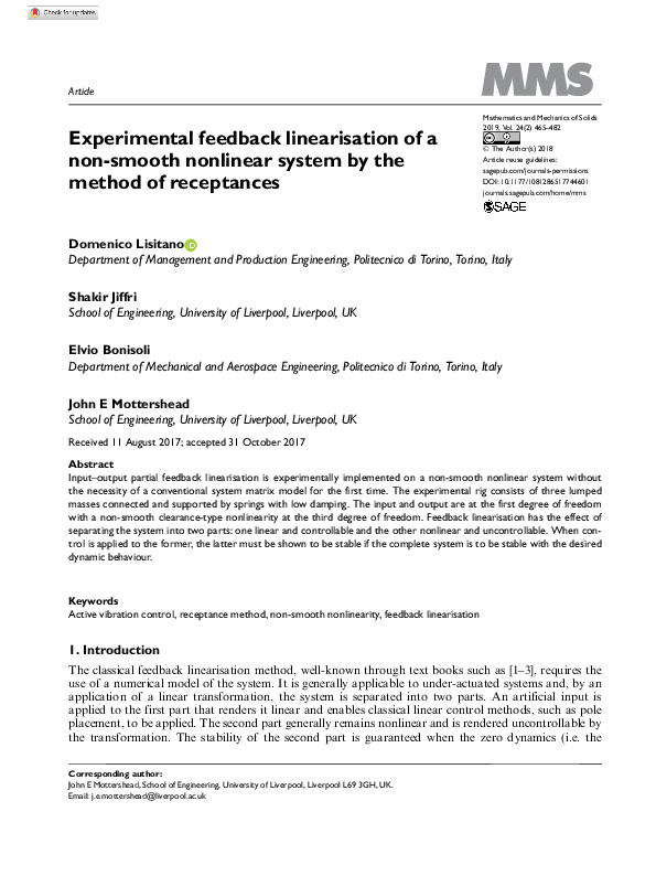 Pdf Experimental Feedback Linearisation Of A Non Smooth Nonlinear