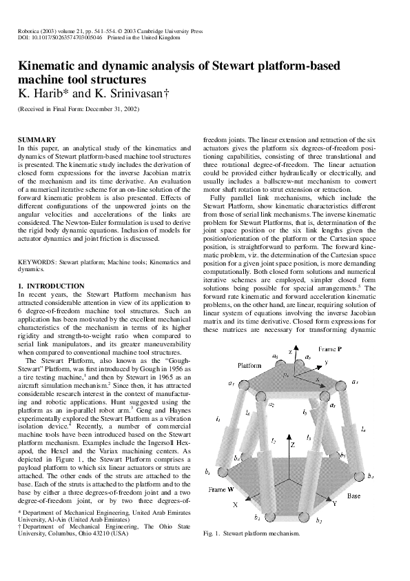 (PDF) Kinematic and dynamic analysis of Stewart platform-based machine tool structures