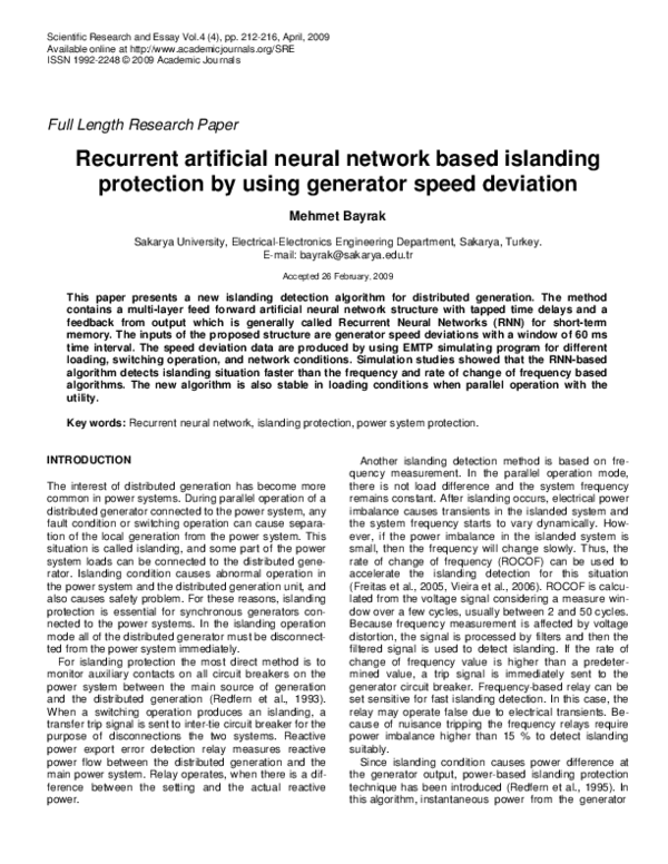 (PDF) Recurrent artificial neural network based islanding protection by using generator speed ...