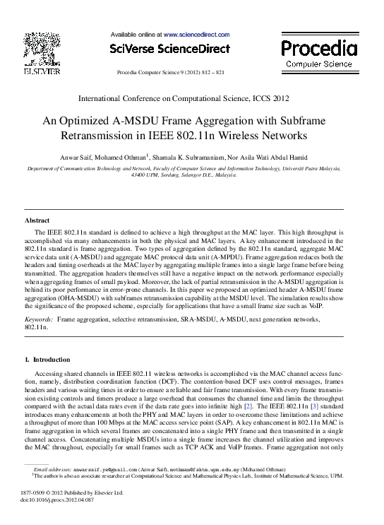 (PDF) An Optimized A-MSDU Frame Aggregation with Subframe Retransmission in IEEE 802.11n ...