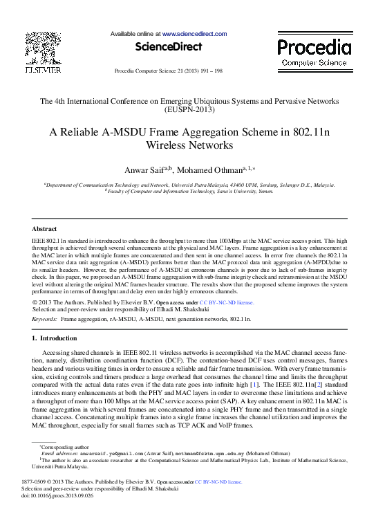 (PDF) A Reliable A-MSDU Frame Aggregation Scheme in 802.11n Wireless Networks