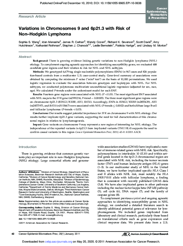 (PDF) Variations in Chromosomes 9 and 6p21.3 with Risk of Non-Hodgkin ...