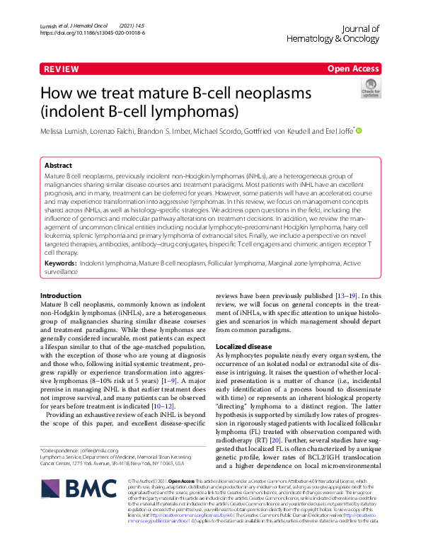 (PDF) How we treat mature B-cell neoplasms (indolent B-cell lymphomas)