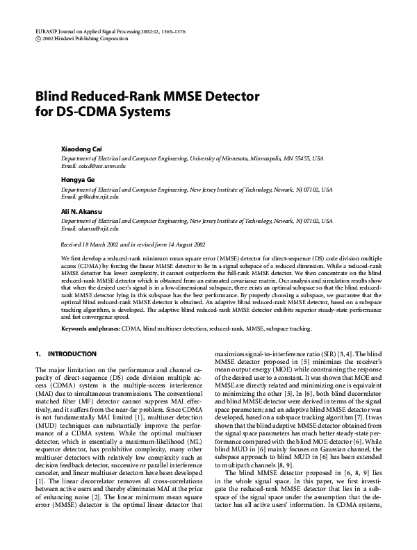 (PDF) Blind reduced-rank MMSE detector for DS-CDMA systems