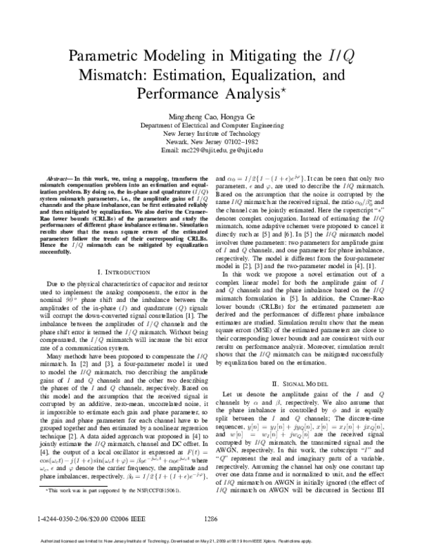 (PDF) Mitigating I/Q Mismatch: Estimation, Equalization, Performance