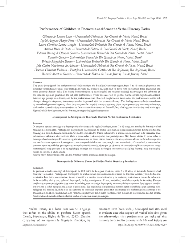 (PDF) Performance of Children in Phonemic and Semantic Verbal Fluency Tasks