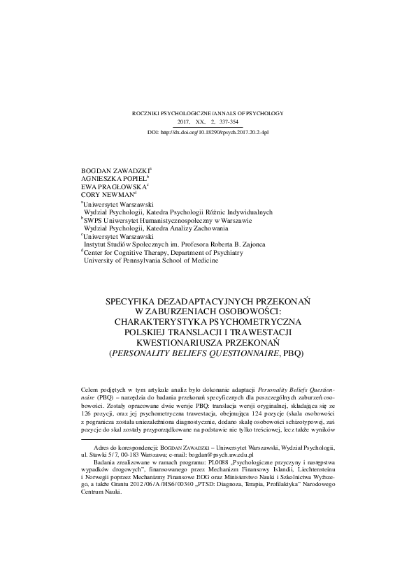 (PDF) Specyfika dezadaptacyjnych przekonań w zaburzeniach osobowości ...