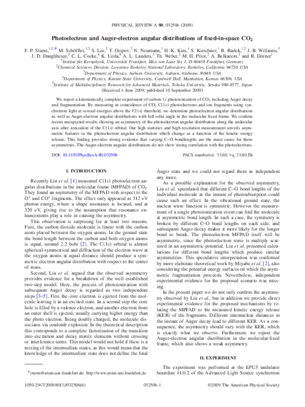 (PDF) Photoelectron and Auger-electron angular distributions of fixed-in-space CO_{2}