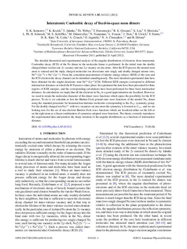 (PDF) Interatomic Coulombic decay of fixed-in-space neon dimers