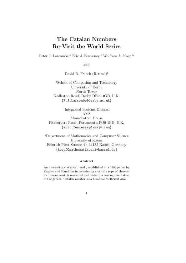 (PDF) The Catalan Numbers ReVisit the World Series