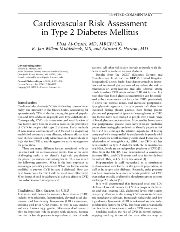 (PDF) Cardiovascular risk assessment in type 2 diabetes mellitus