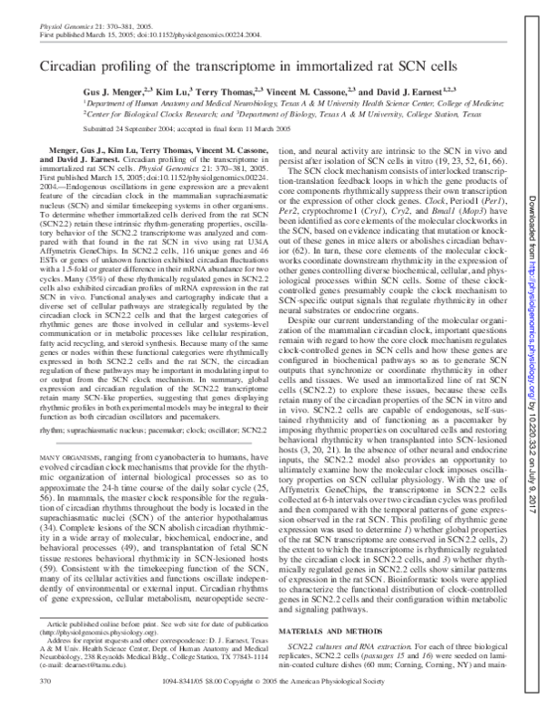 (PDF) Circadian profiling of the transcriptome in immortalized rat SCN ...