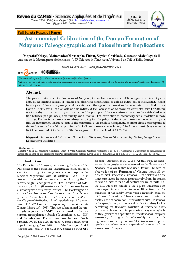 (PDF) Astronomical Calibration of the Danian Formation of Ndayane ...