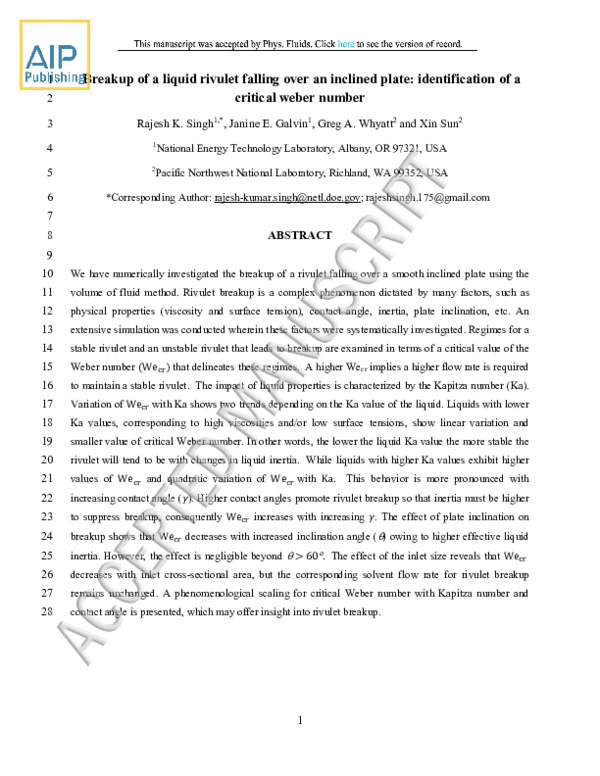 (PDF) Breakup of a liquid rivulet falling over an inclined plate ...