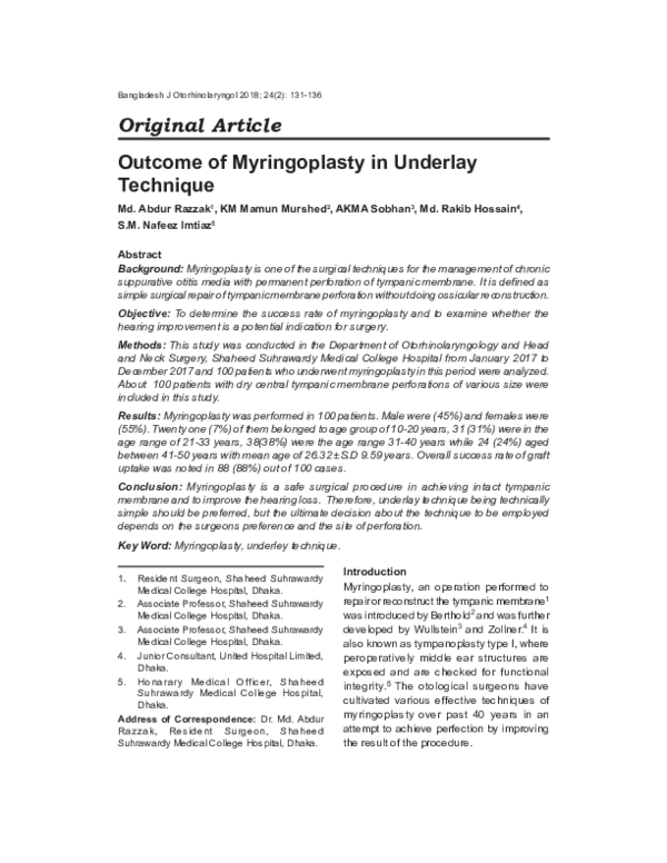 (PDF) Outcome of Myringoplasty in Underlay Technique