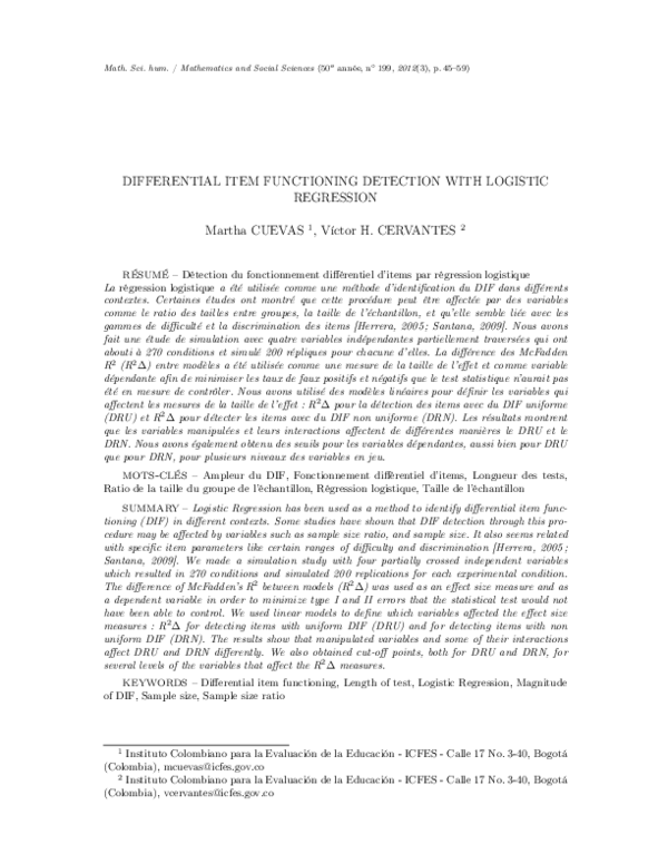 Pdf Differential Item Functioning Detection With Logistic Regression 0456