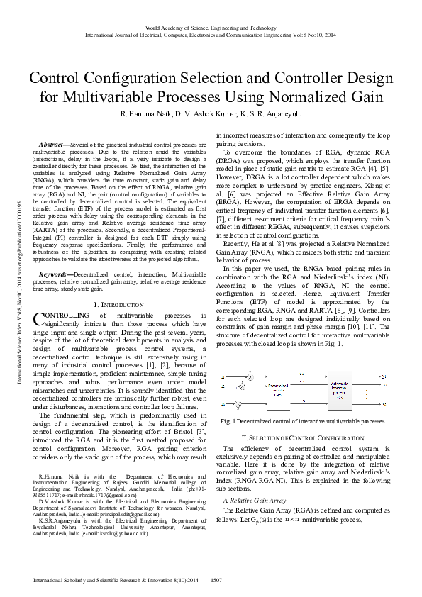 Pdf Control Configuration Selection And Controller Design For Multivariable Processes Using