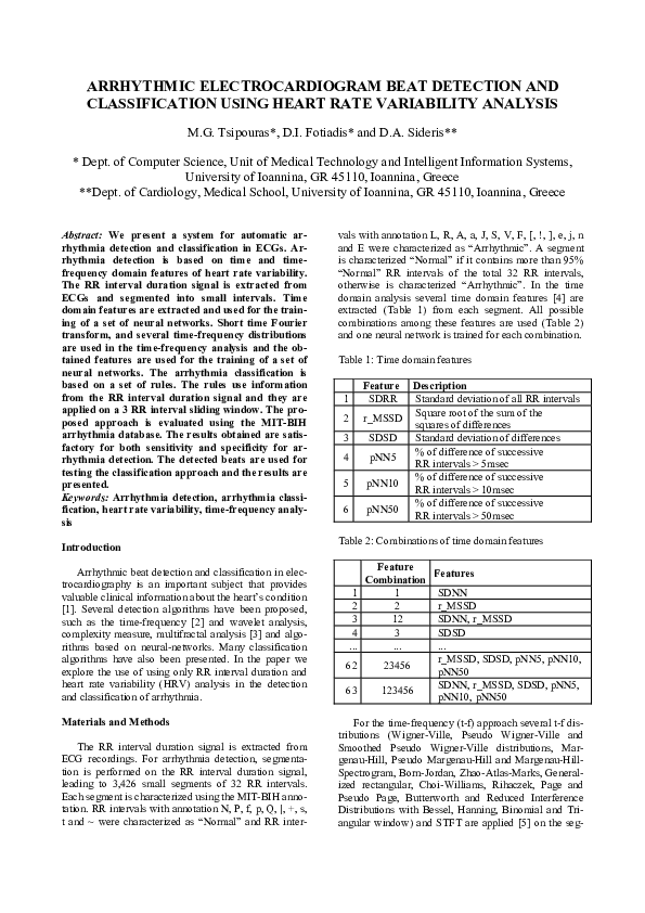 Pdf Arrhythmic Electrocardiogram Beat Detection And Classification Using Heart Rate