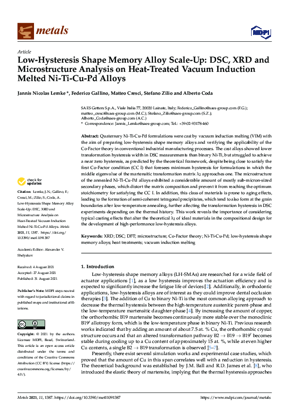 (PDF) Low-Hysteresis Shape Memory Alloy Scale-Up: DSC, XRD and ...