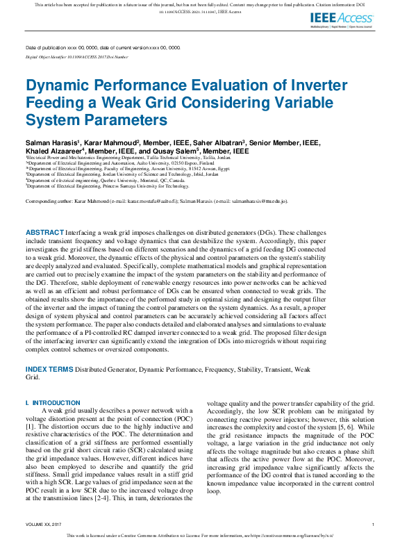 Pdf Dynamic Performance Evaluation Of Inverter Feeding A Weak Grid Considering Variable System
