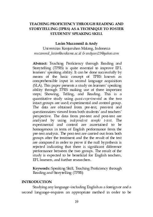(PDF) Teaching Proficiency Through Reading and Storytelling TPRS: A ...