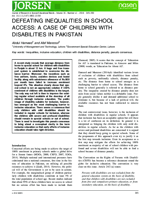 (PDF) Defeating Inequalities in School Access: A Case of Children with ...