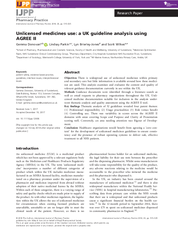 (PDF) Unlicensed medicines use: a UK guideline analysis using AGREE II