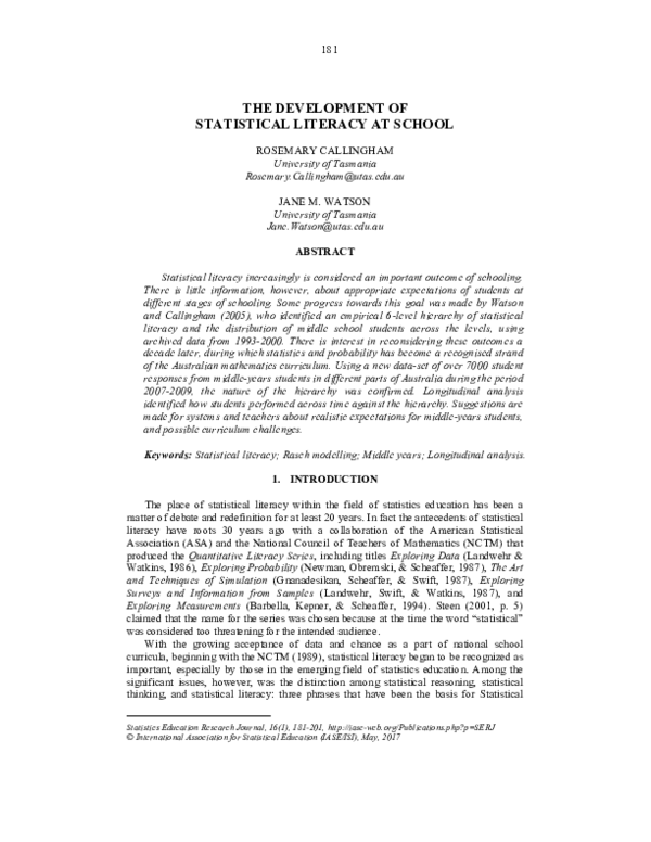 (PDF) The Development of Statistical Literacy at School